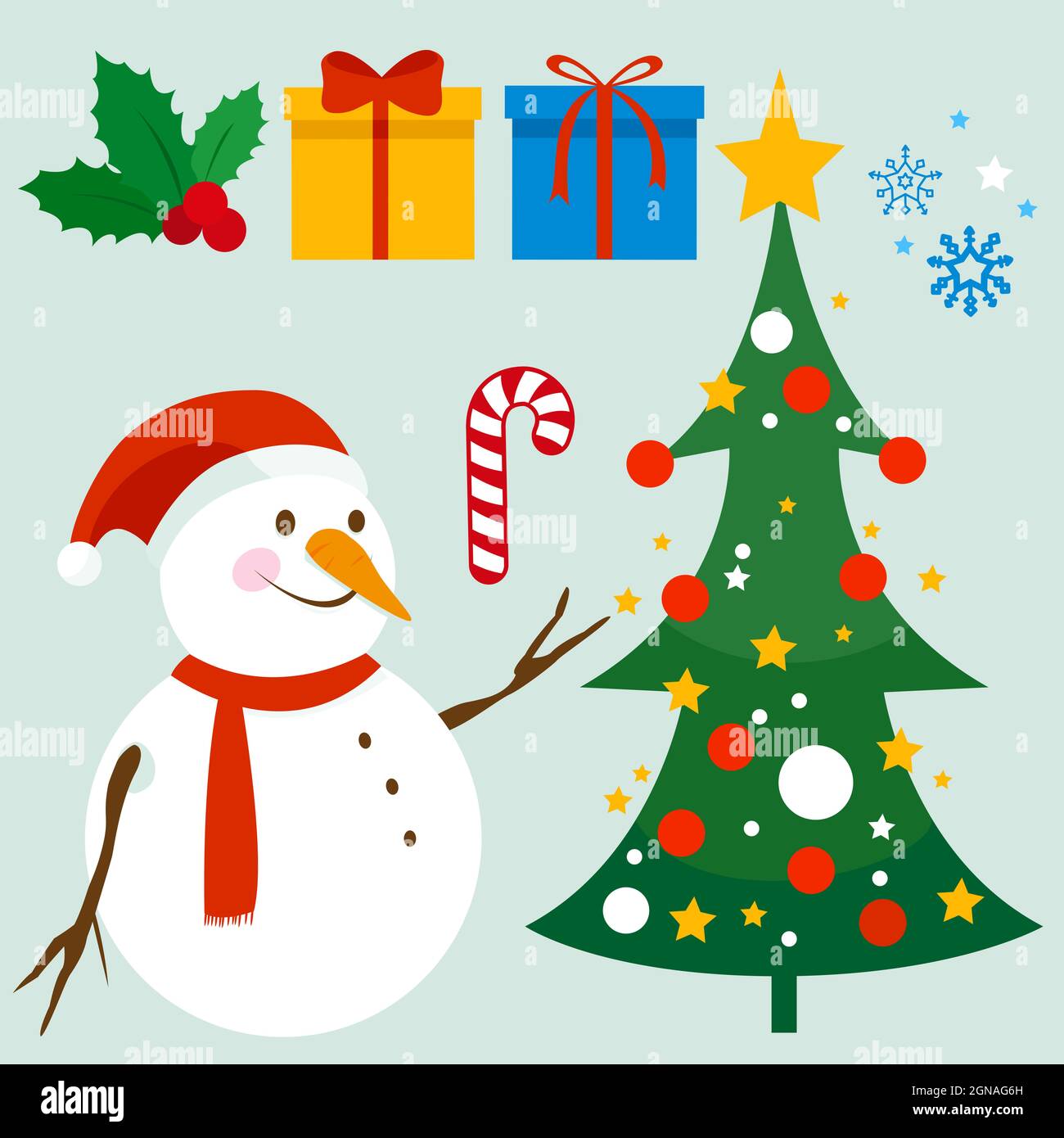 Christmas collection with snowman, Christmas tree and boxes of presents ...