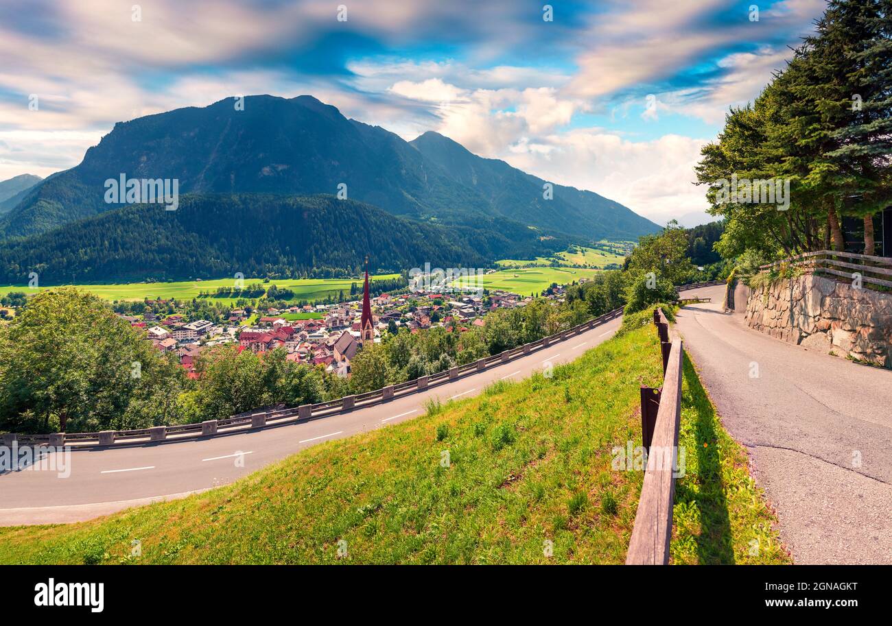 View from a bird's eye of Oetz village and Heiliger Georg church ...