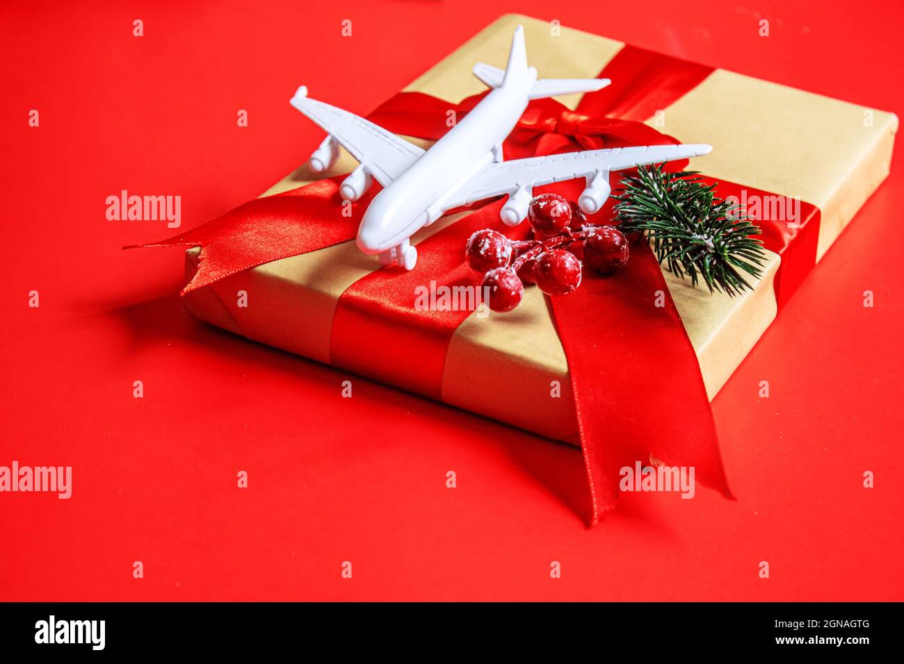 Travel for Christmas. Airplane with Christmas decor.New year.Selective ...