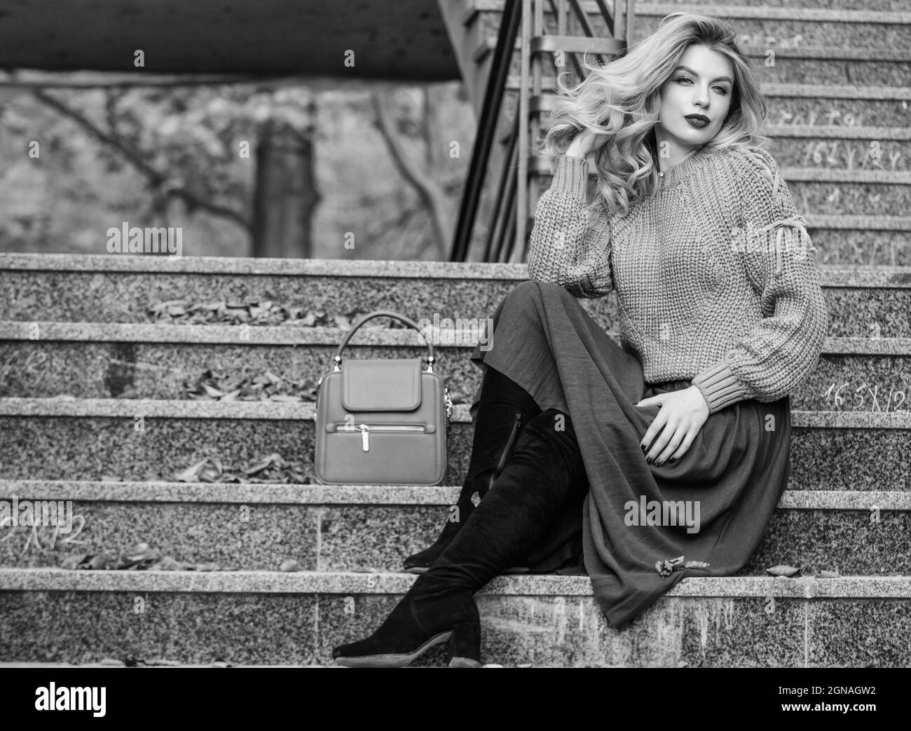 feeling trendy. autumn woman curly hair outdoor. casual style student ...