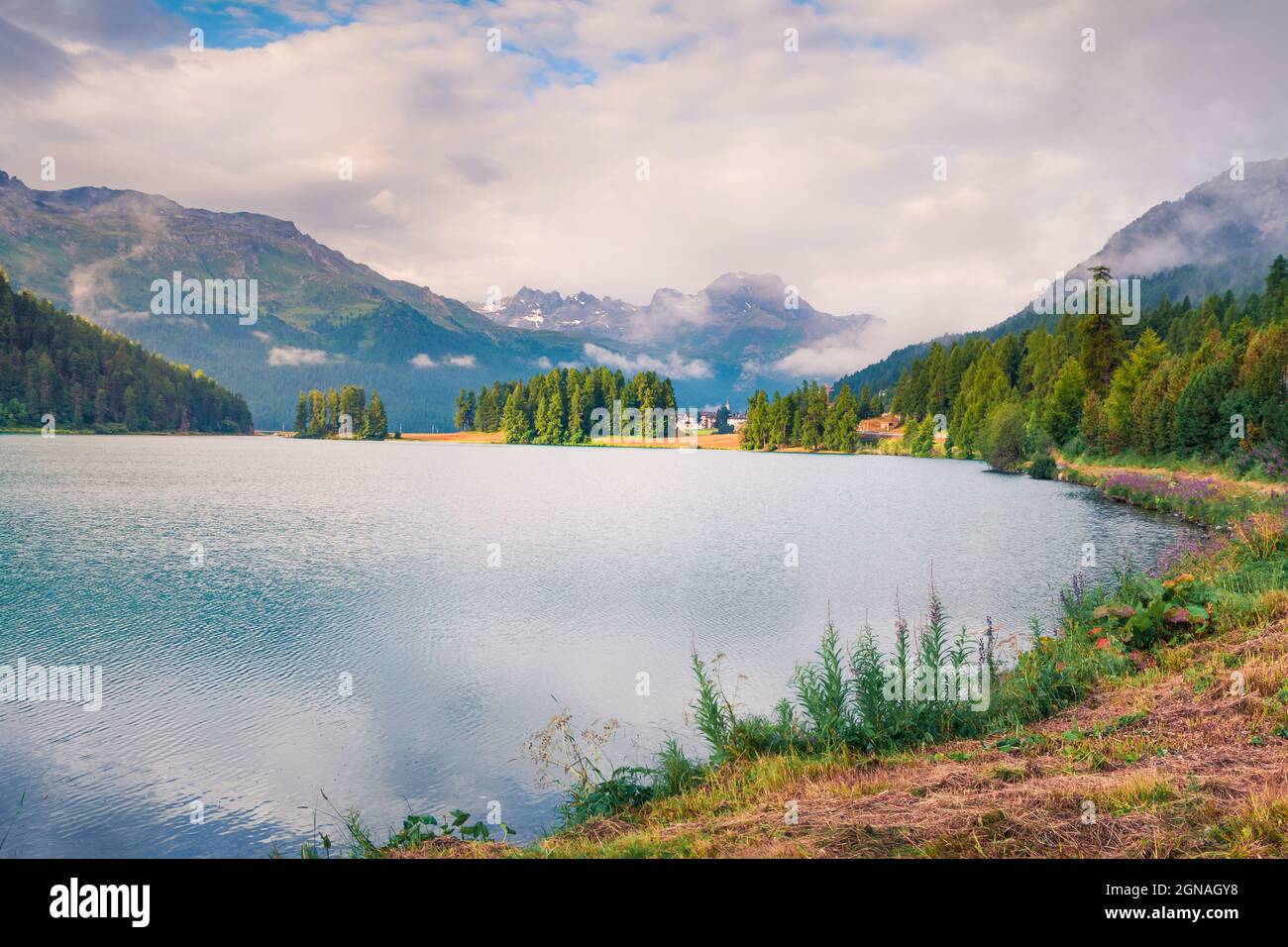 Sunny summer landscape of Silvaplana lake. Colorful morning view of ...