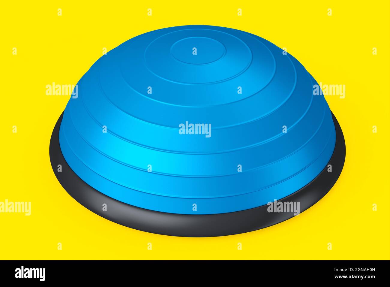 Blue half fitball or fitness ball isolated yellow background. 3d ...