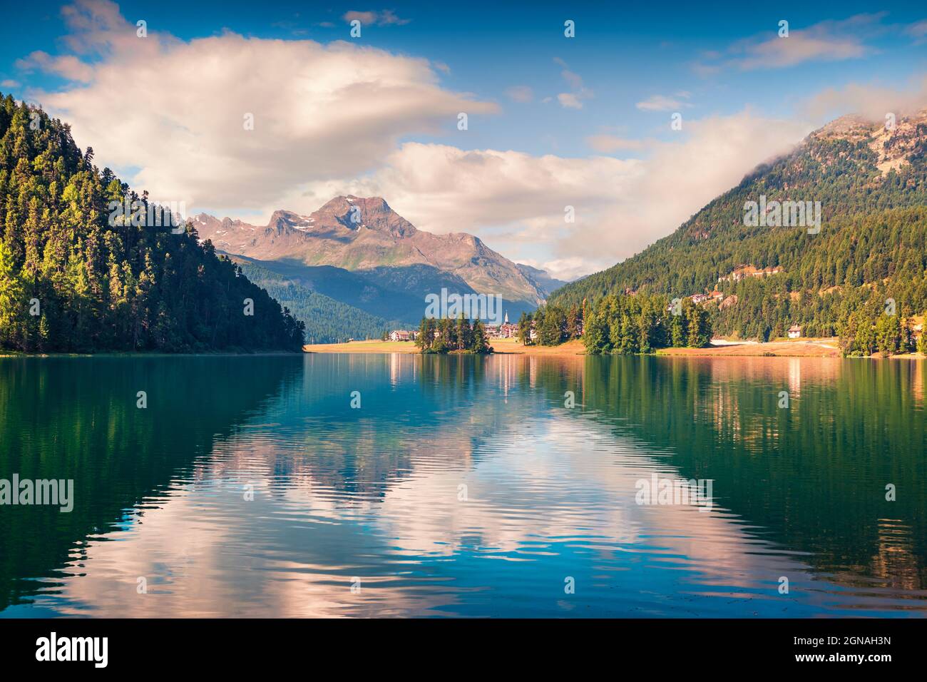 Sunny summer landscape of Silvaplana lake. Colorful morning view of ...