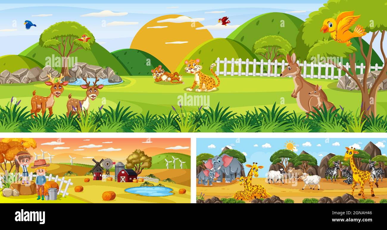 Set of different outdoor panoramic landscape scenes with cartoon ...