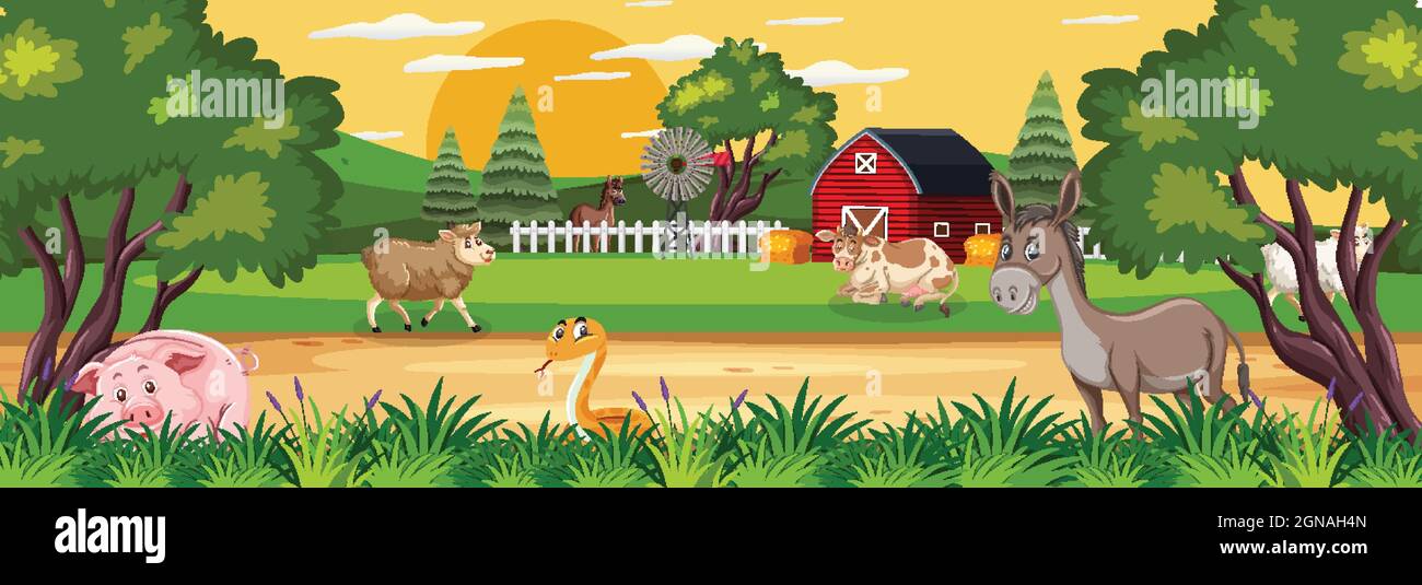 Farm horizontal landscape scene with farm animals illustration Stock ...