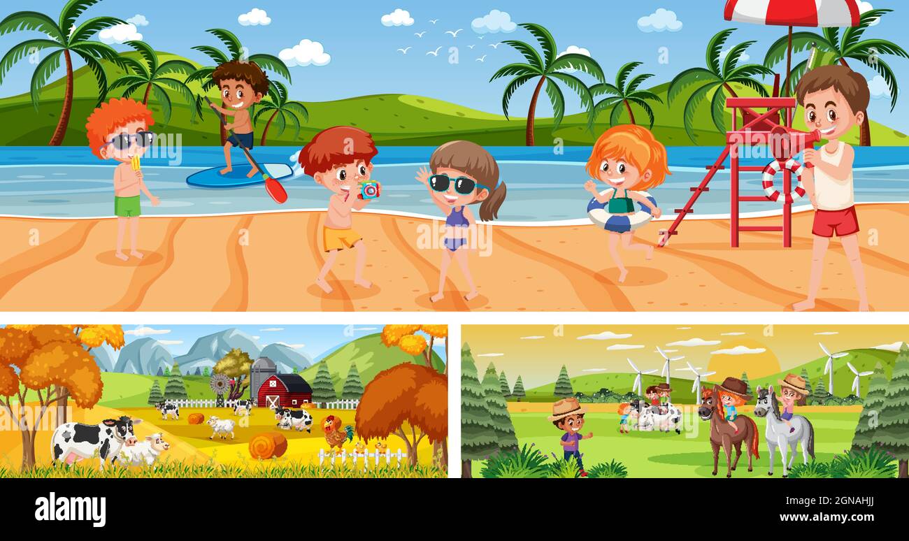 Set of different outdoor panoramic landscape scenes with cartoon ...