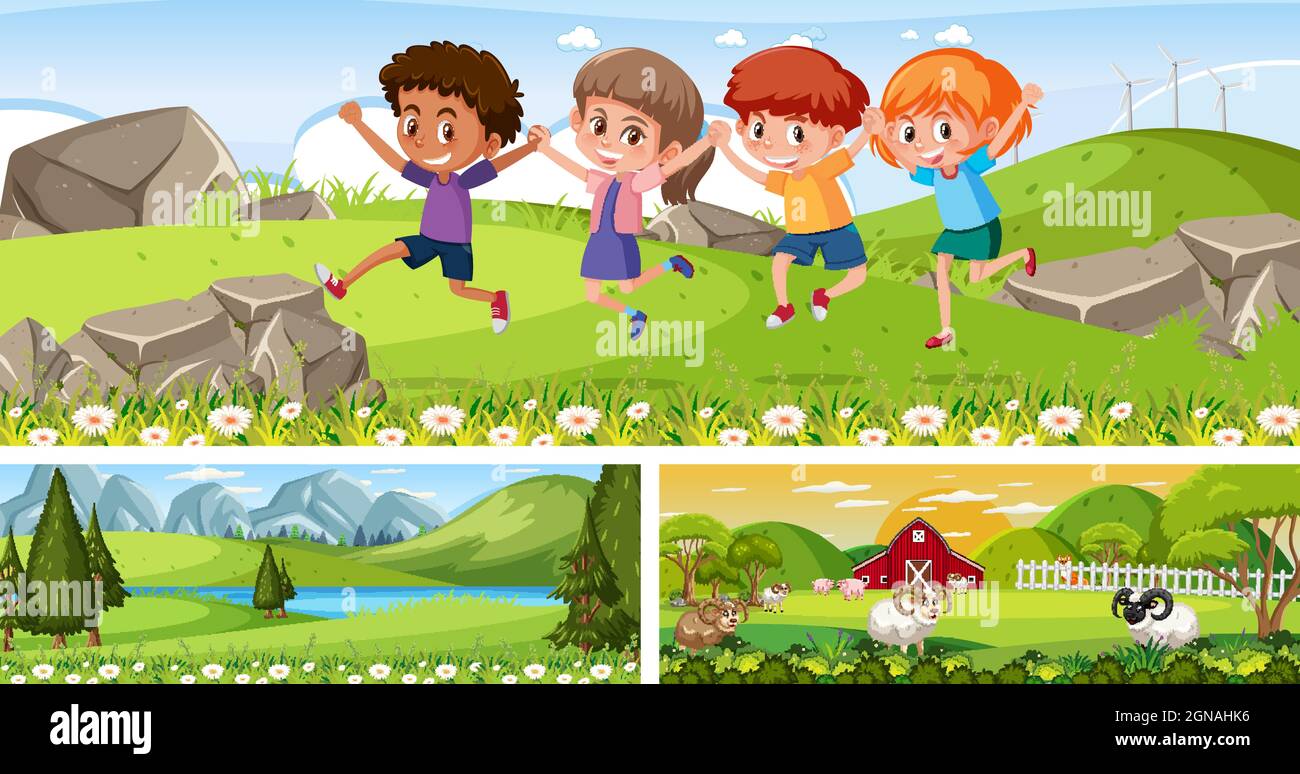 Set of different outdoor panoramic landscape scenes with cartoon ...
