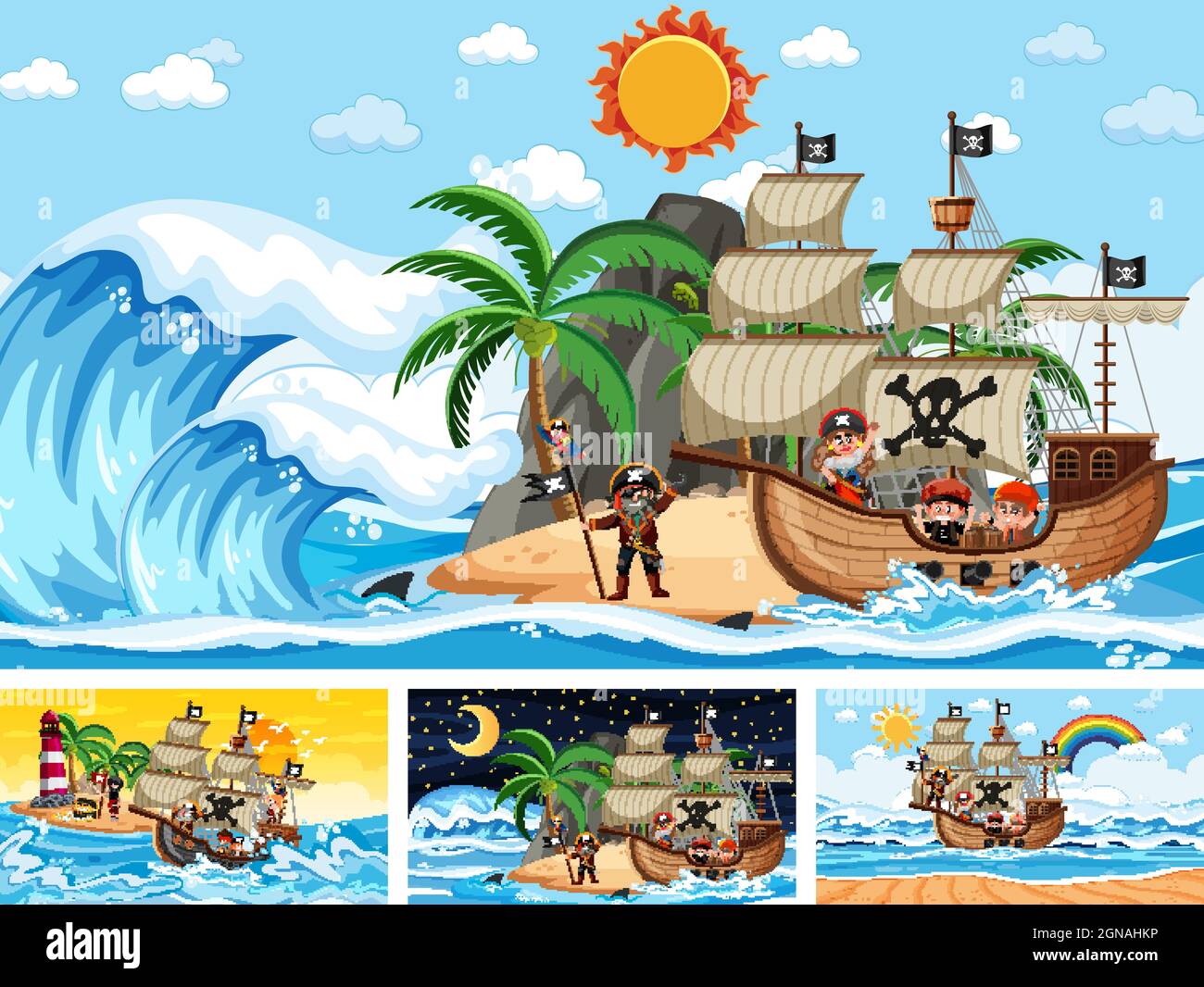 Set of different beach scenes with pirate ship illustration Stock ...