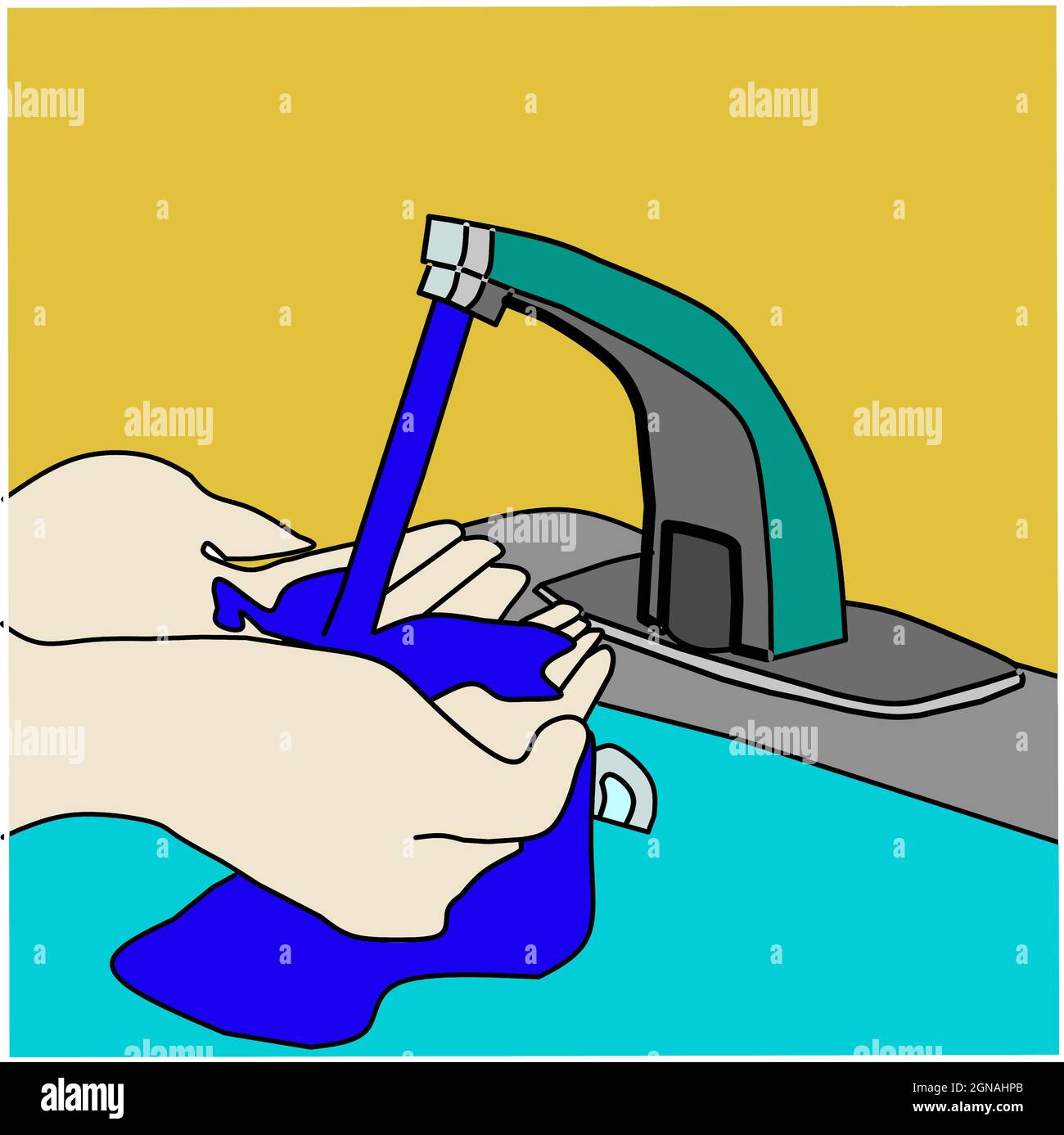 a vector illustration of washing hands in the sink with running water ...