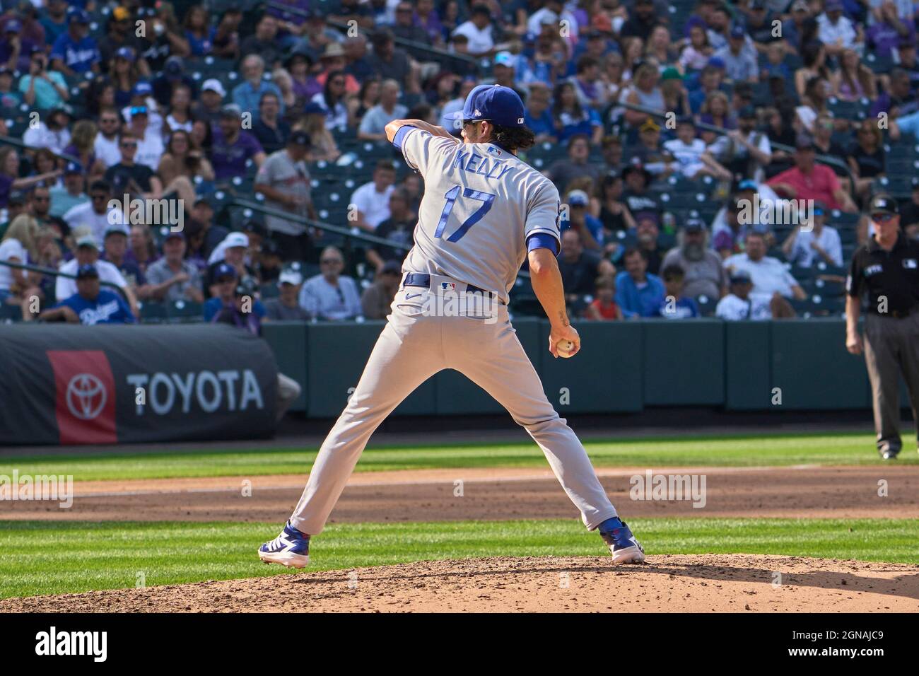 Denver CO, USA. 23rd Sep, 2021. Los Angels pitcher Joe Kelly (17 ...