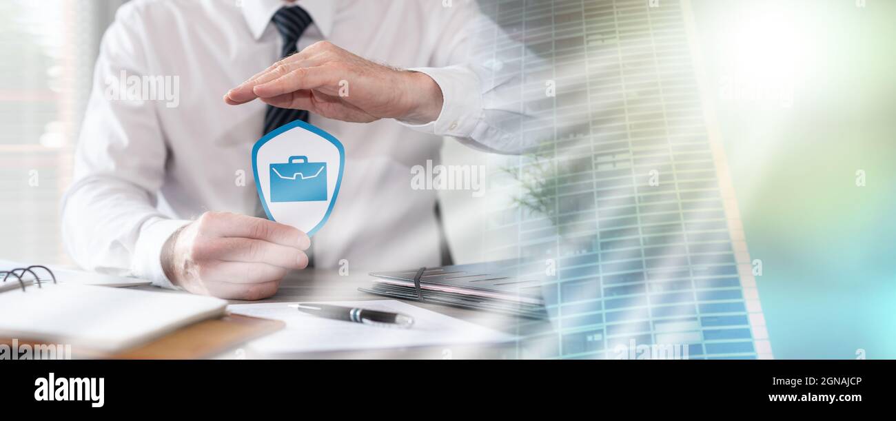 Concept of job loss insurance with paper shield protected by hand of ...