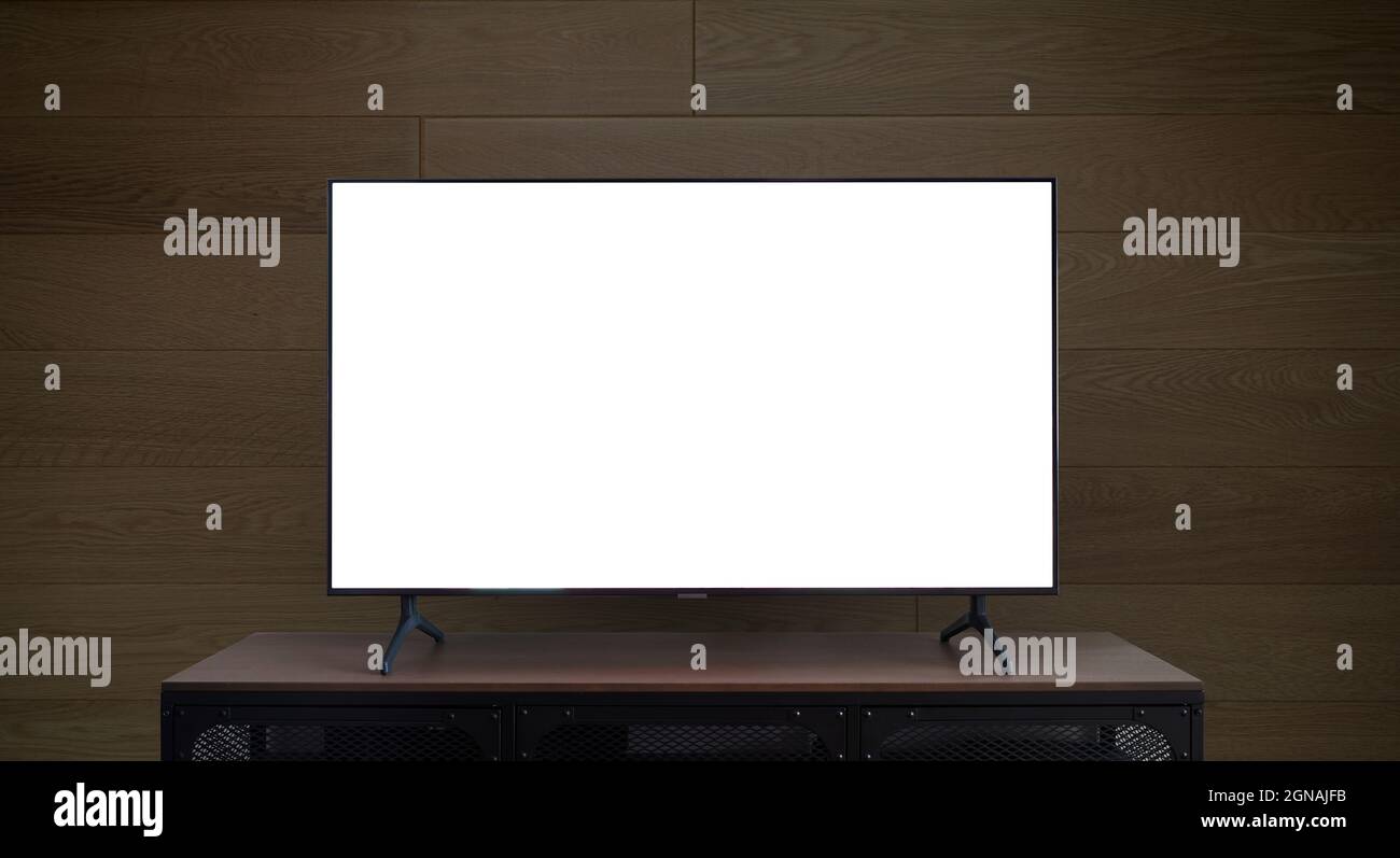 TV led mock up screen. Smart TV on a curbstone in an empty interior ...