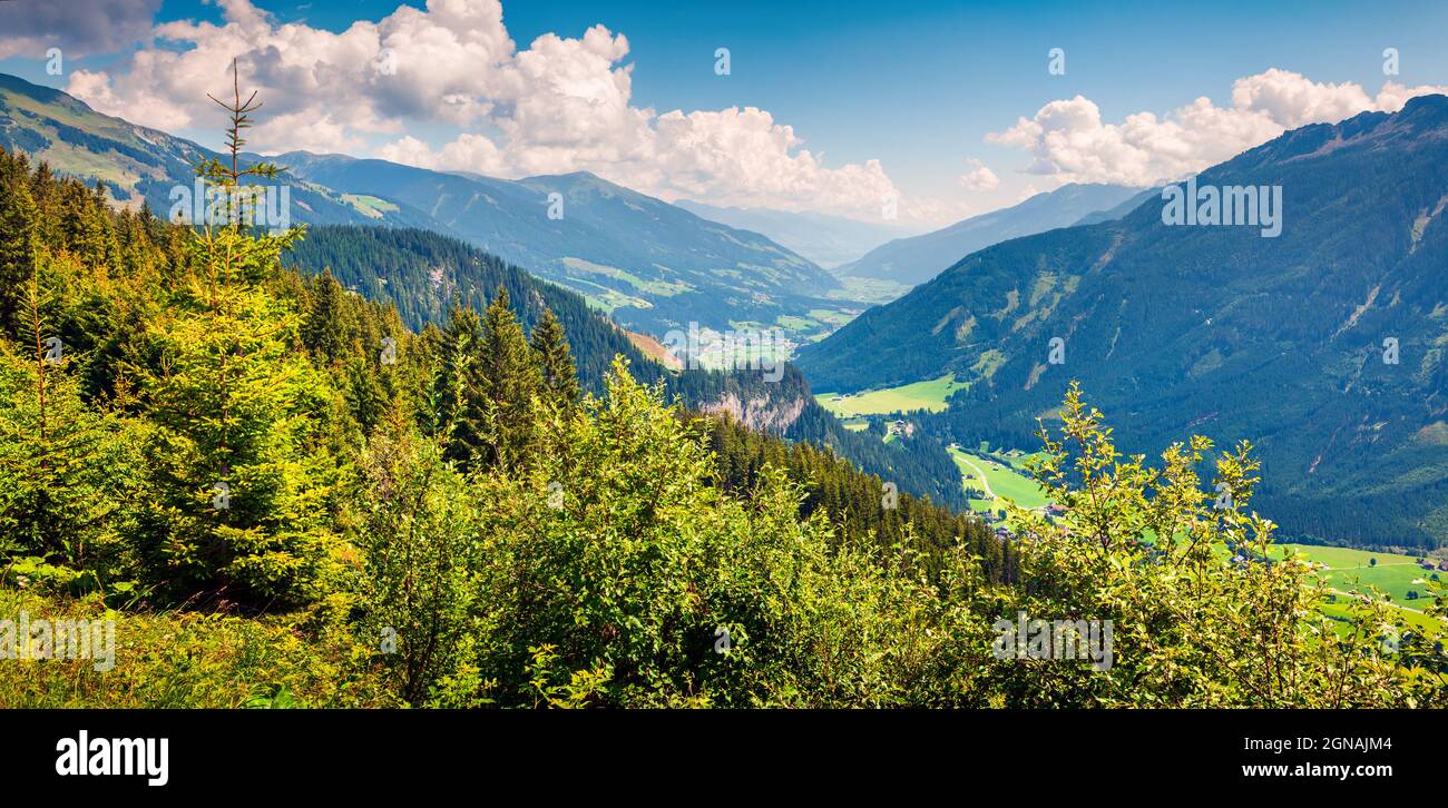 Sunny morning panorama from Gerlos pass of Vorderkrimml village ...