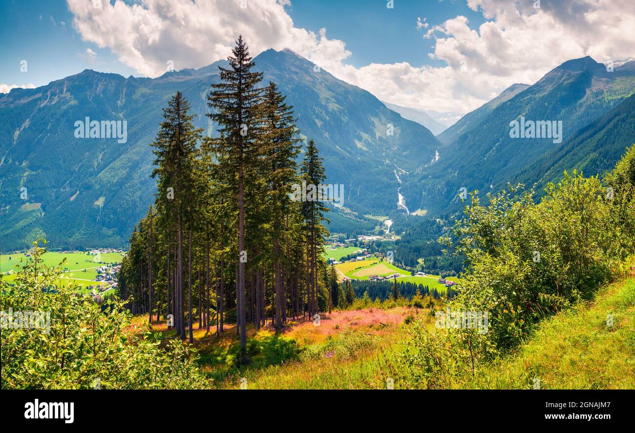 Sunny morning view from Gerlos pass of Acshelkopf mountain range ...