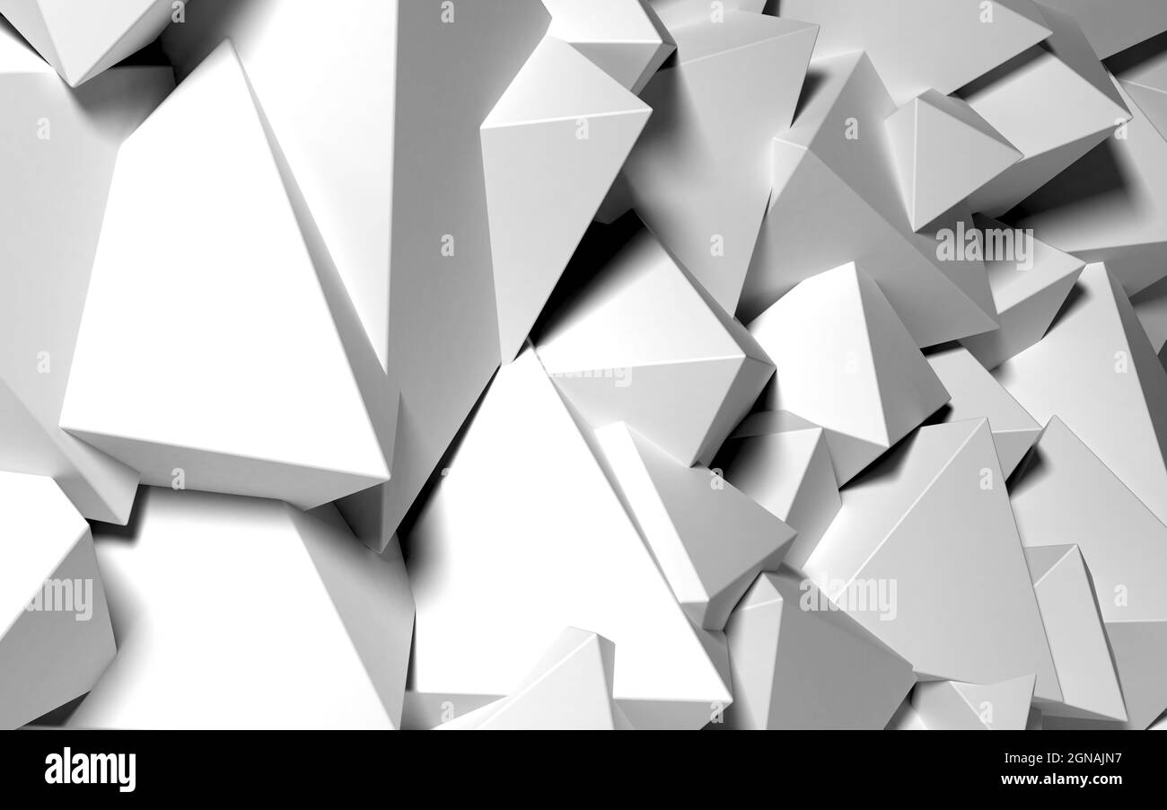 Abstract background with white 3D shapes flying in the light as a messy ...