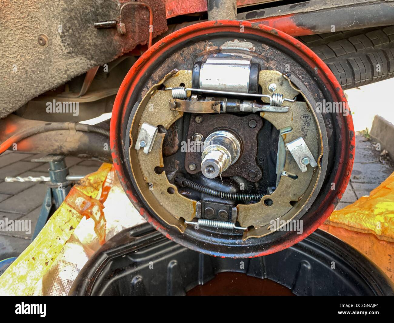 an old open brake drum with freshly changed parts Stock Photo - Alamy