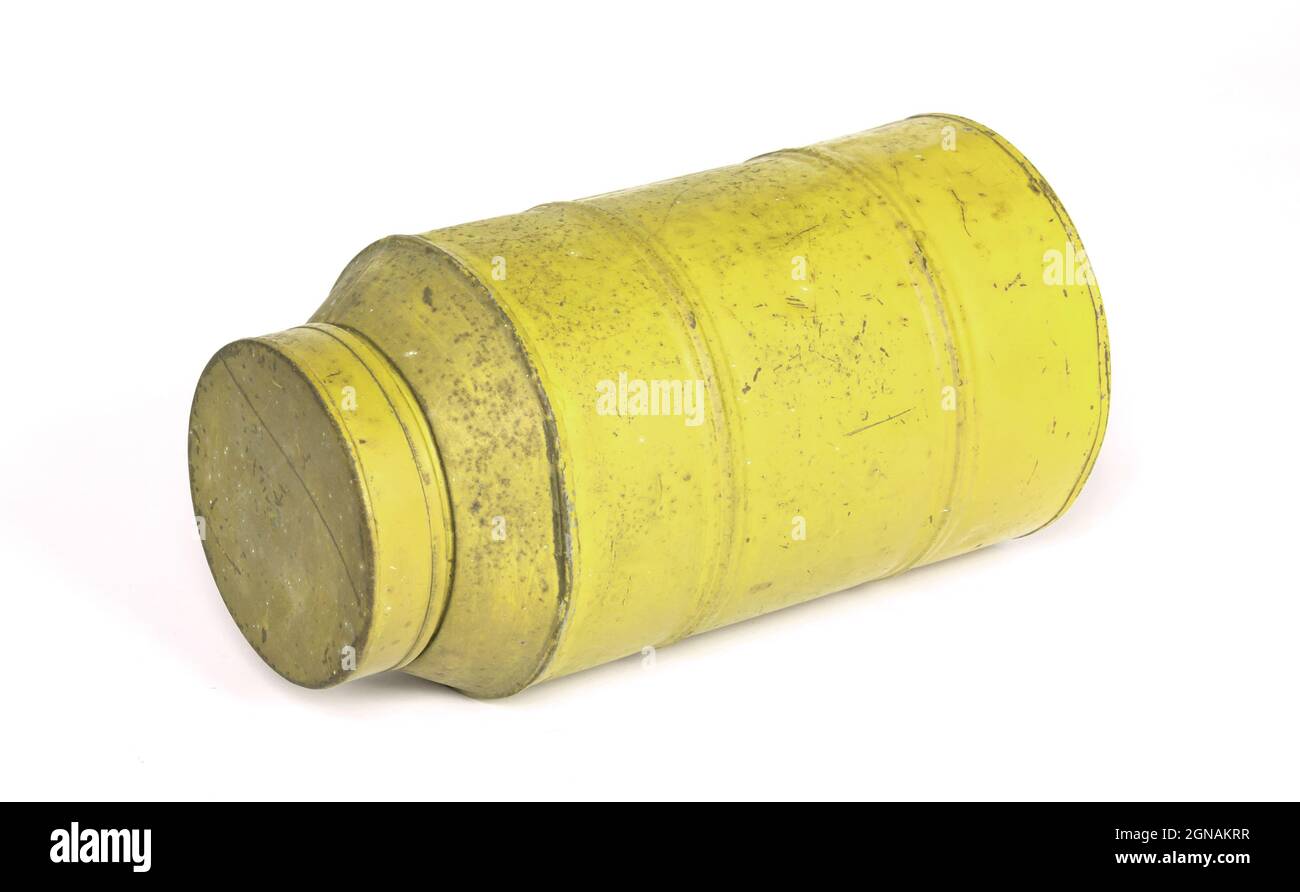 Old nostalgic can isolated on white - Yellow can Stock Photo - Alamy