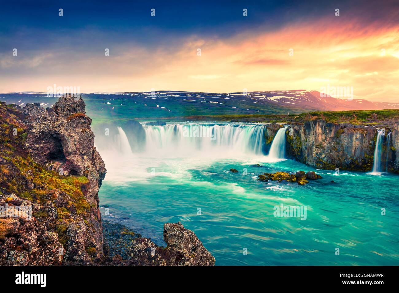 Summer morning scene on the Godafoss Waterfall. Colorful sunrise on the ...