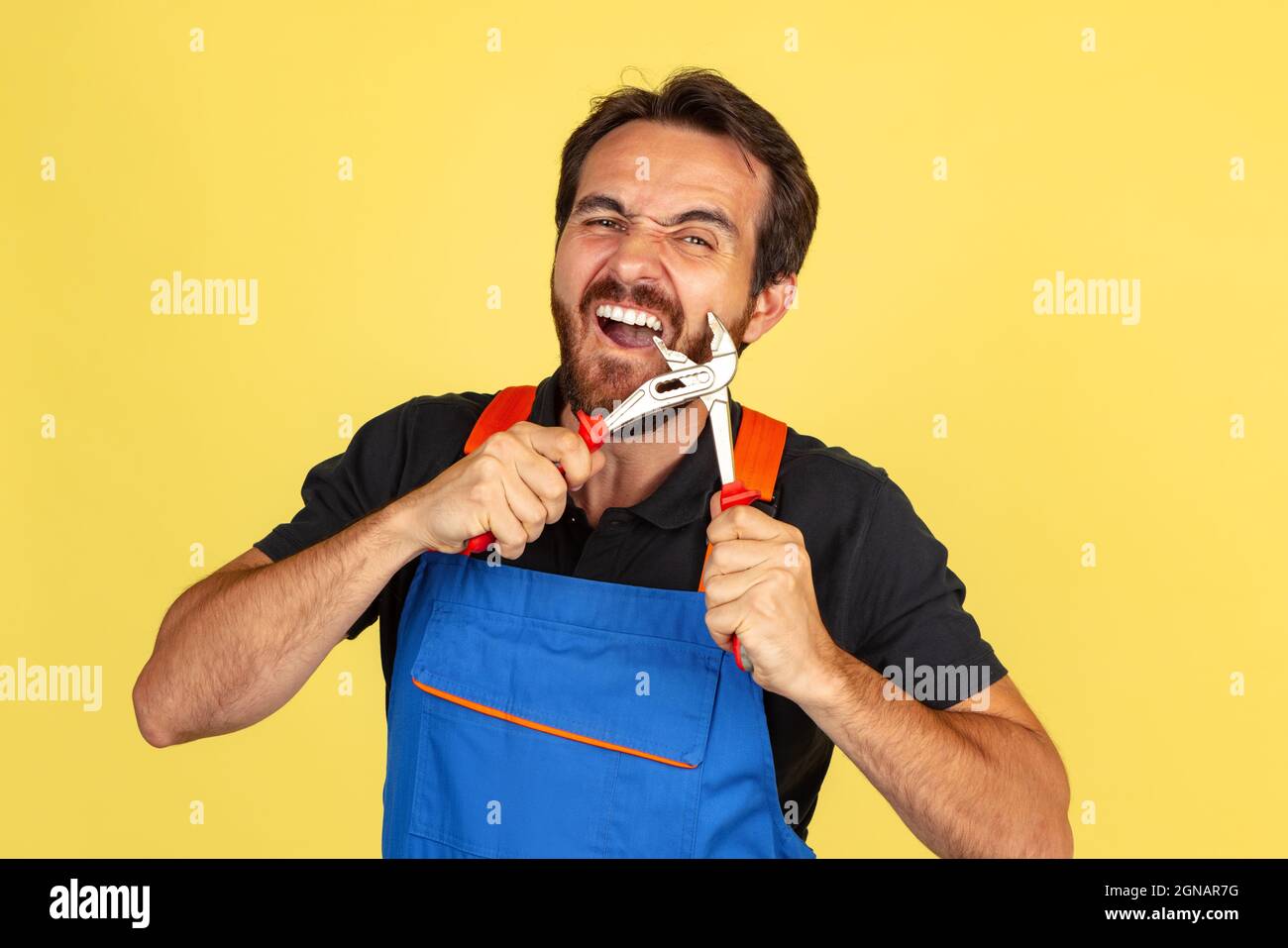 Half-length portrait of smiling young bearded man, male auto mechanic ...