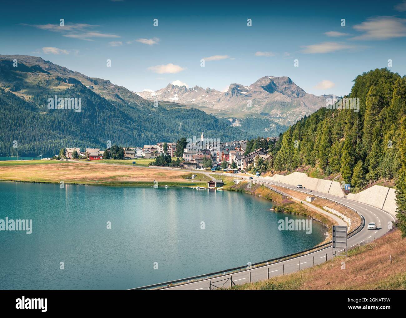Sunny summer landscape of Silvaplana lake. Splendid morning view of ...