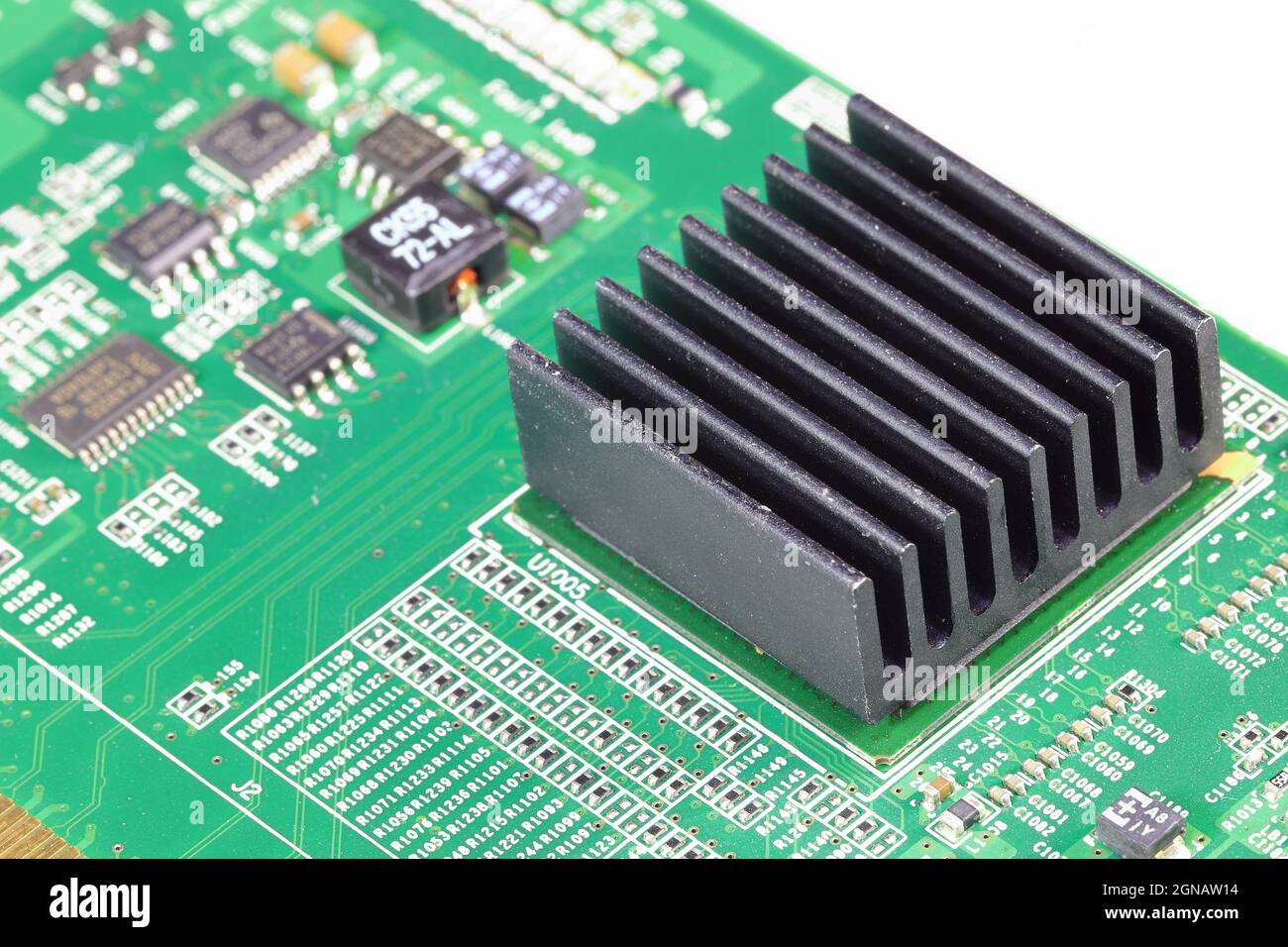 Black Aluminum heatsink on electronics or computer circuit board, Close ...