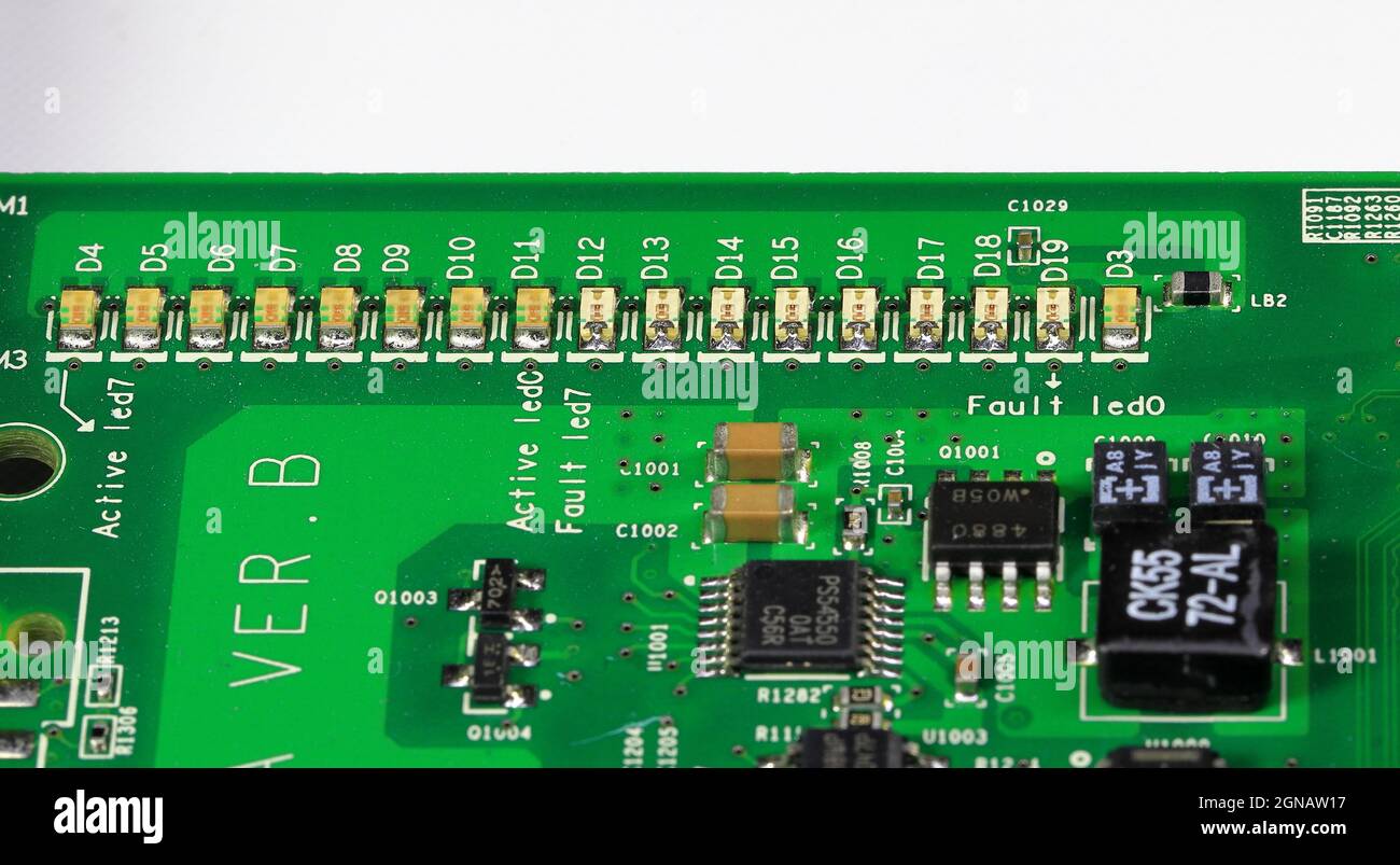 LED arrays on Old Printed Circuit Board with many electrical components ...