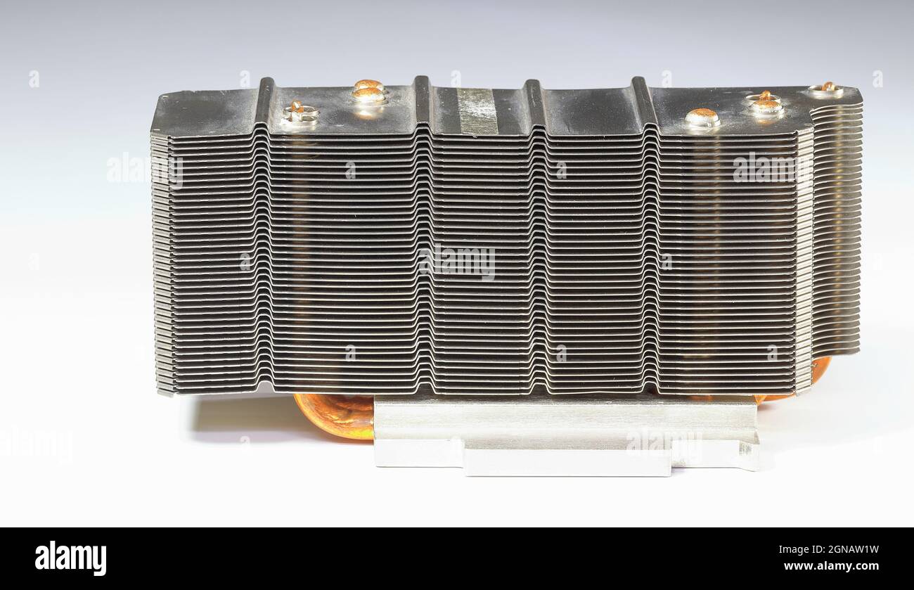 A close up view of passive CPU cooler with the aluminum fin and copper ...