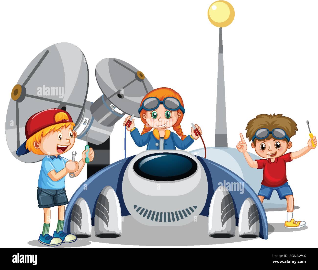 Children building spaceship together on white background illustration ...