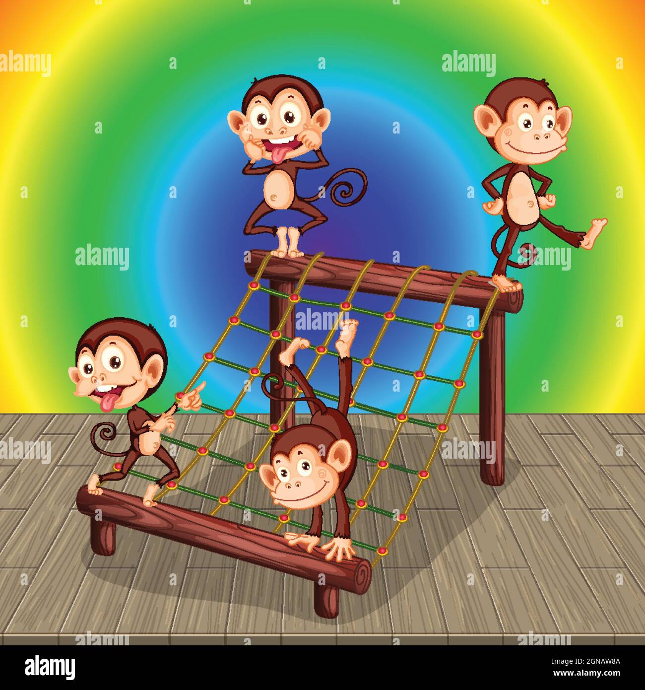 Monkeys with climbing net on rainbow gradient background illustration ...