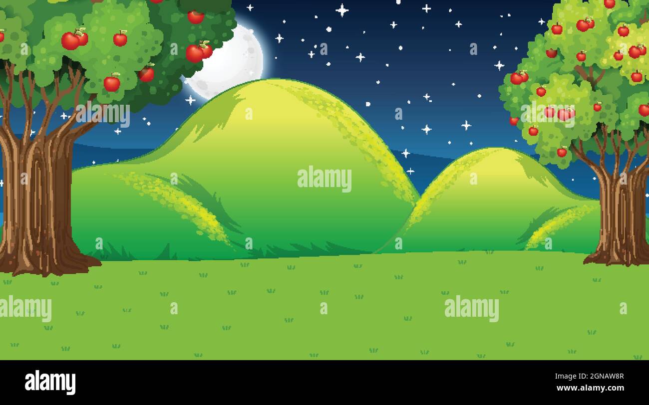 Blank nature park landscape scene at night time illustration Stock ...