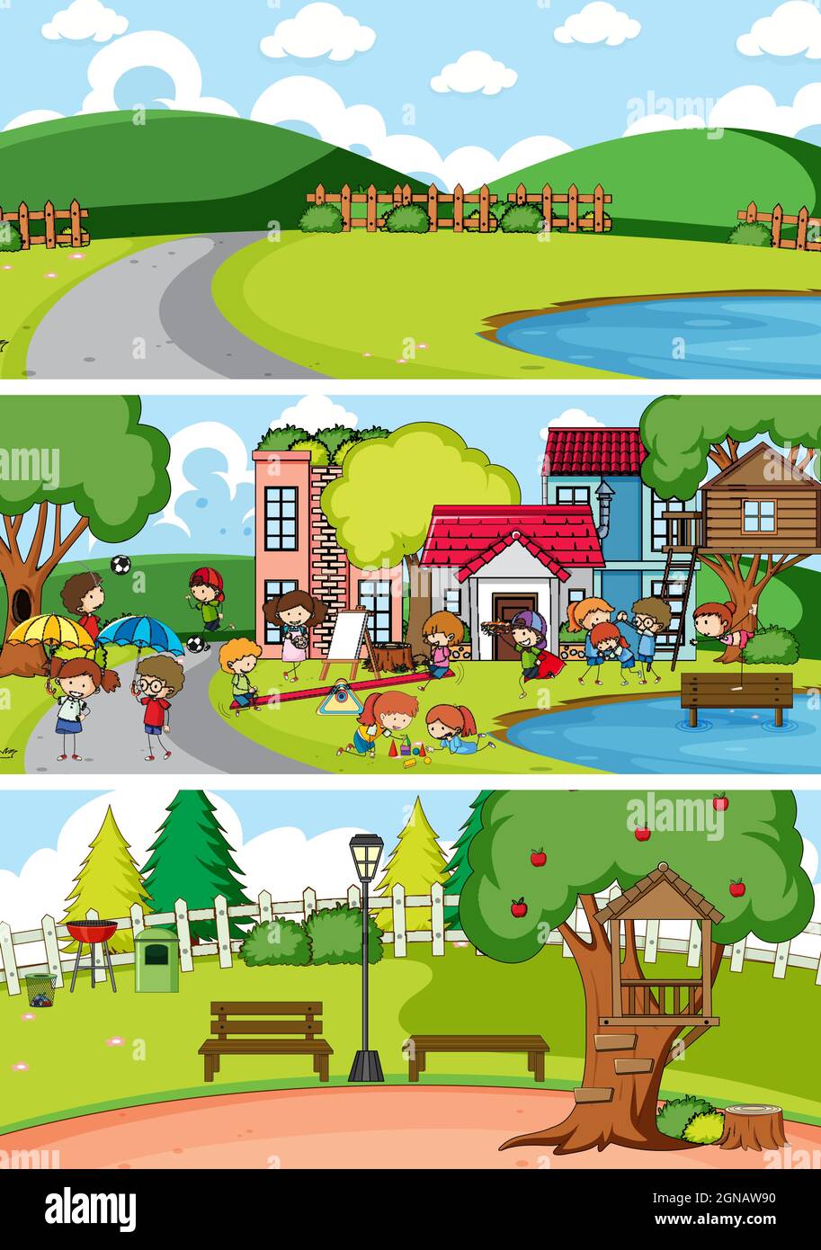 Set of different horizon scenes background with doodle kids cartoon ...
