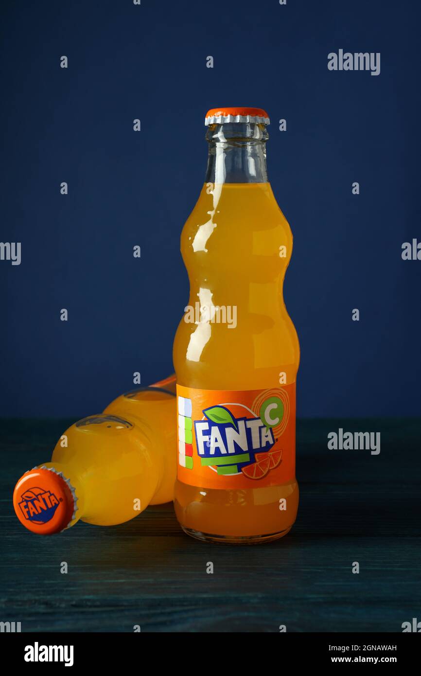 Odessa, Ukraine - September 23, 2021: Fanta bottles on wooden table ...
