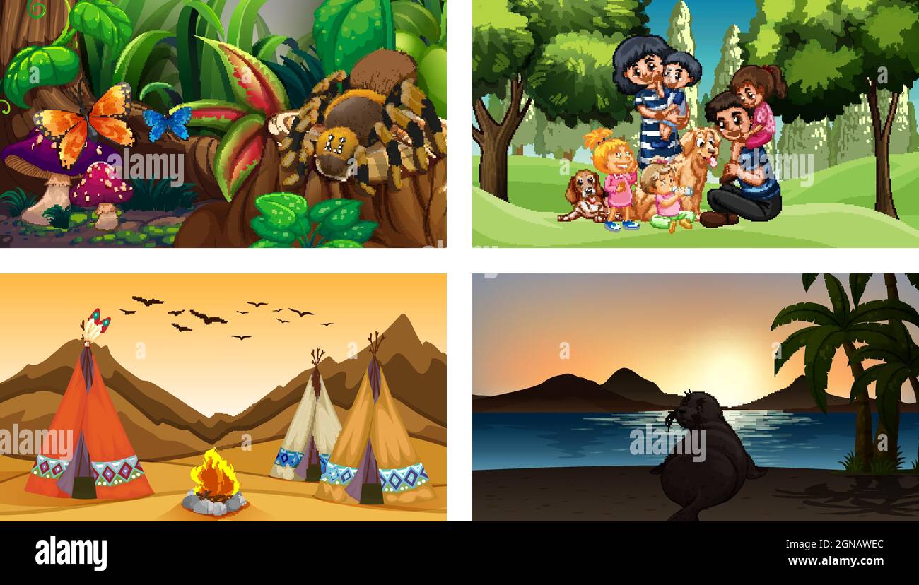 Four different scenes with children cartoon character illustration ...