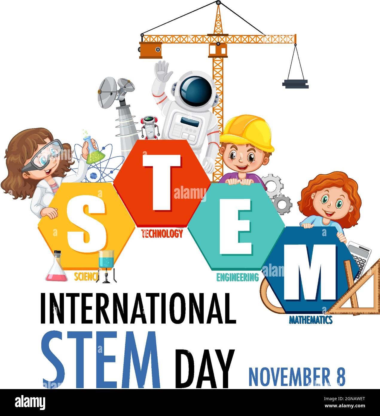 International STEM Day banner with kids cartoon character illustration ...