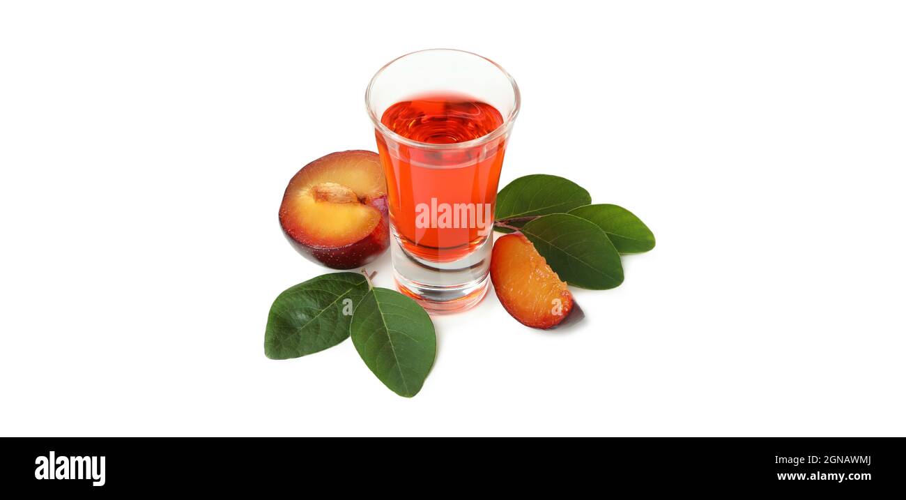 Plum brandy shot isolated on white background Stock Photo - Alamy