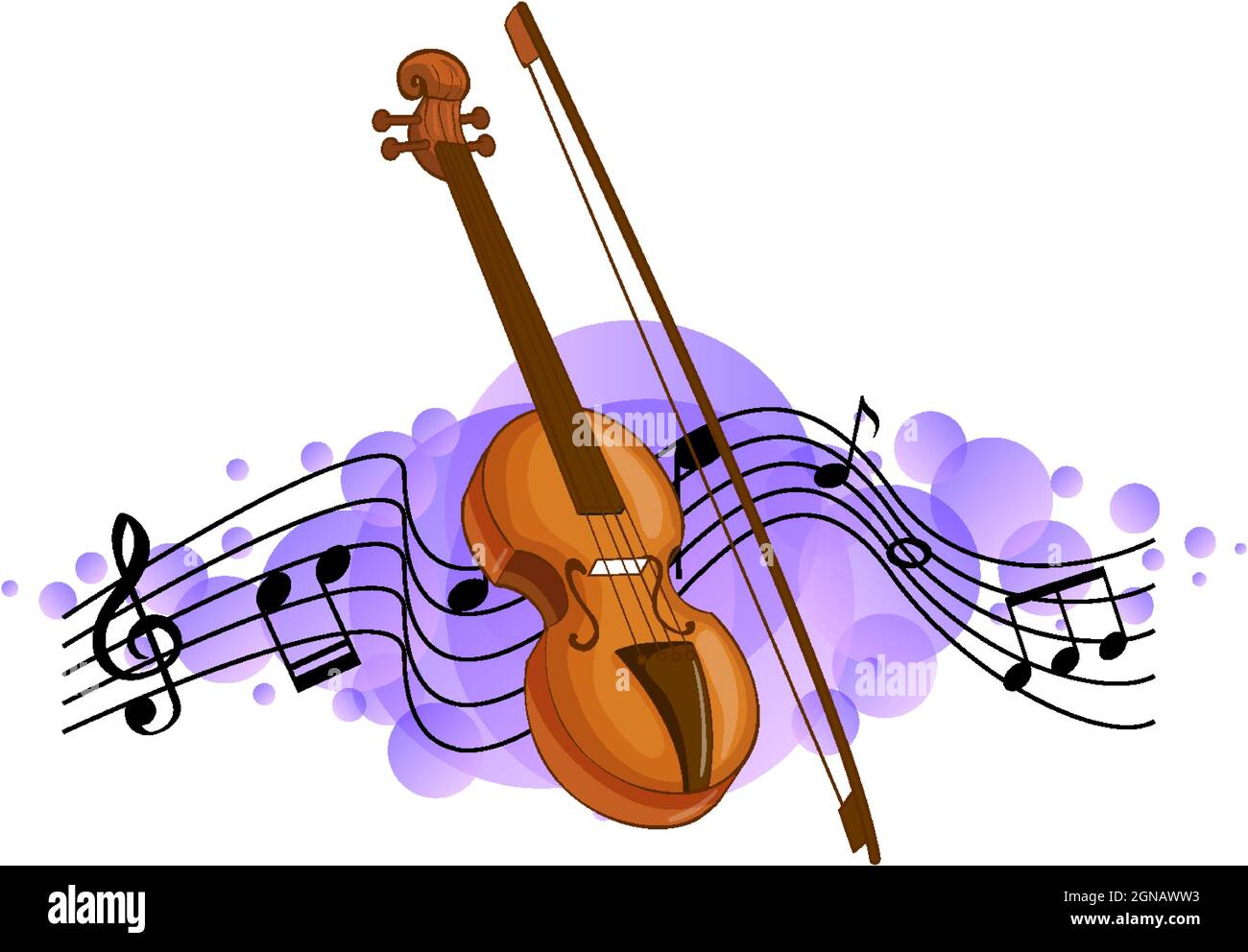 Violin classical music instrument with melody symbols on purple splotch ...
