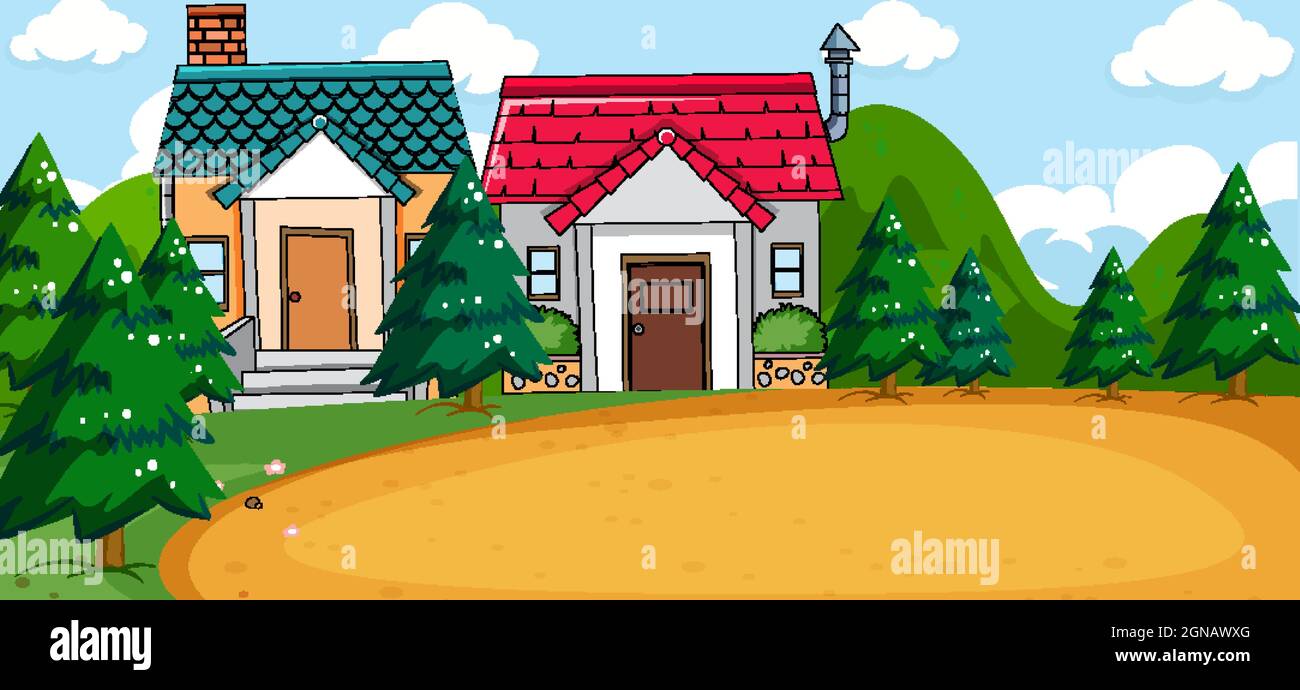 Outdoor scene with two houses and blank playground illustration Stock ...