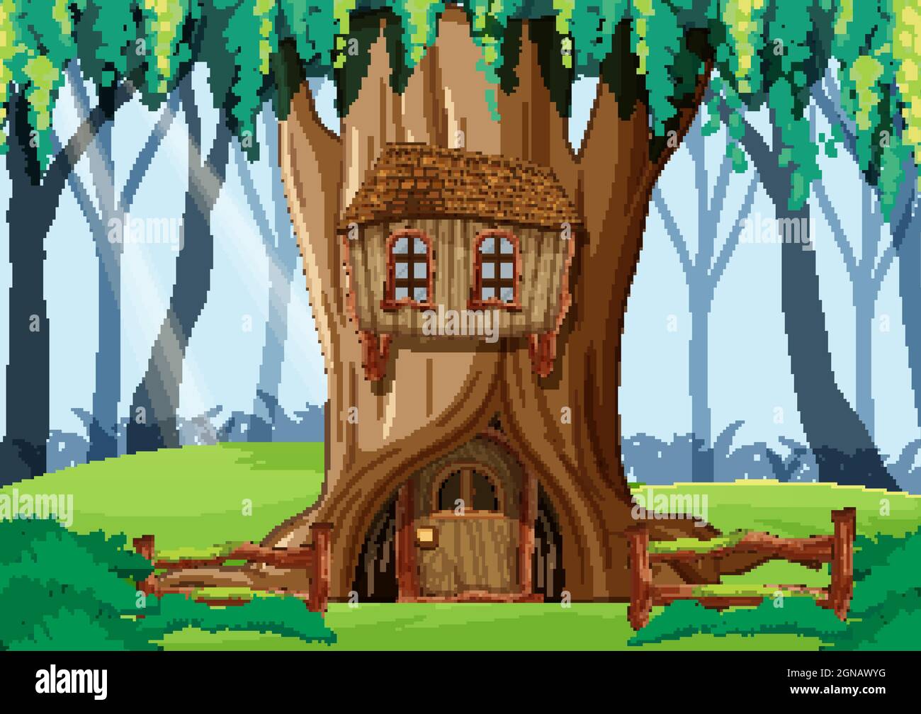 Forest scene with tree house inside the tree trunk illustration Stock ...