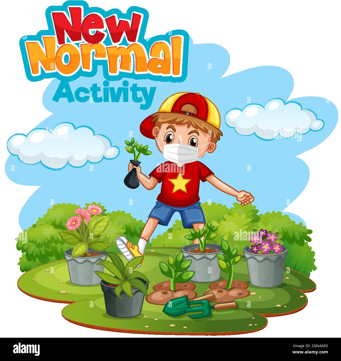 New Normal Activity with a boy at the garden illustration Stock Vector ...