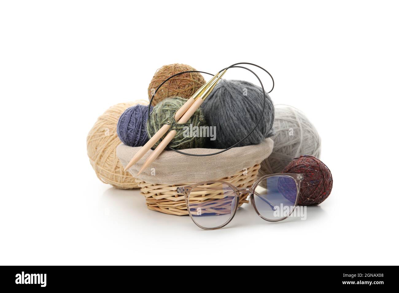 Knitting concept tools isolated on white background Stock Photo - Alamy