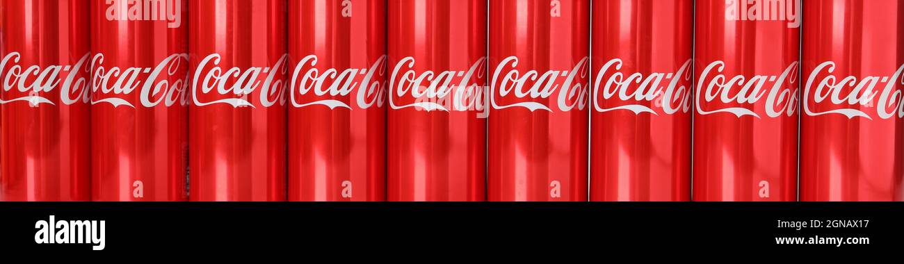 Odessa, Ukraine - September 23, 2021: Coca - Cola cans all over ...