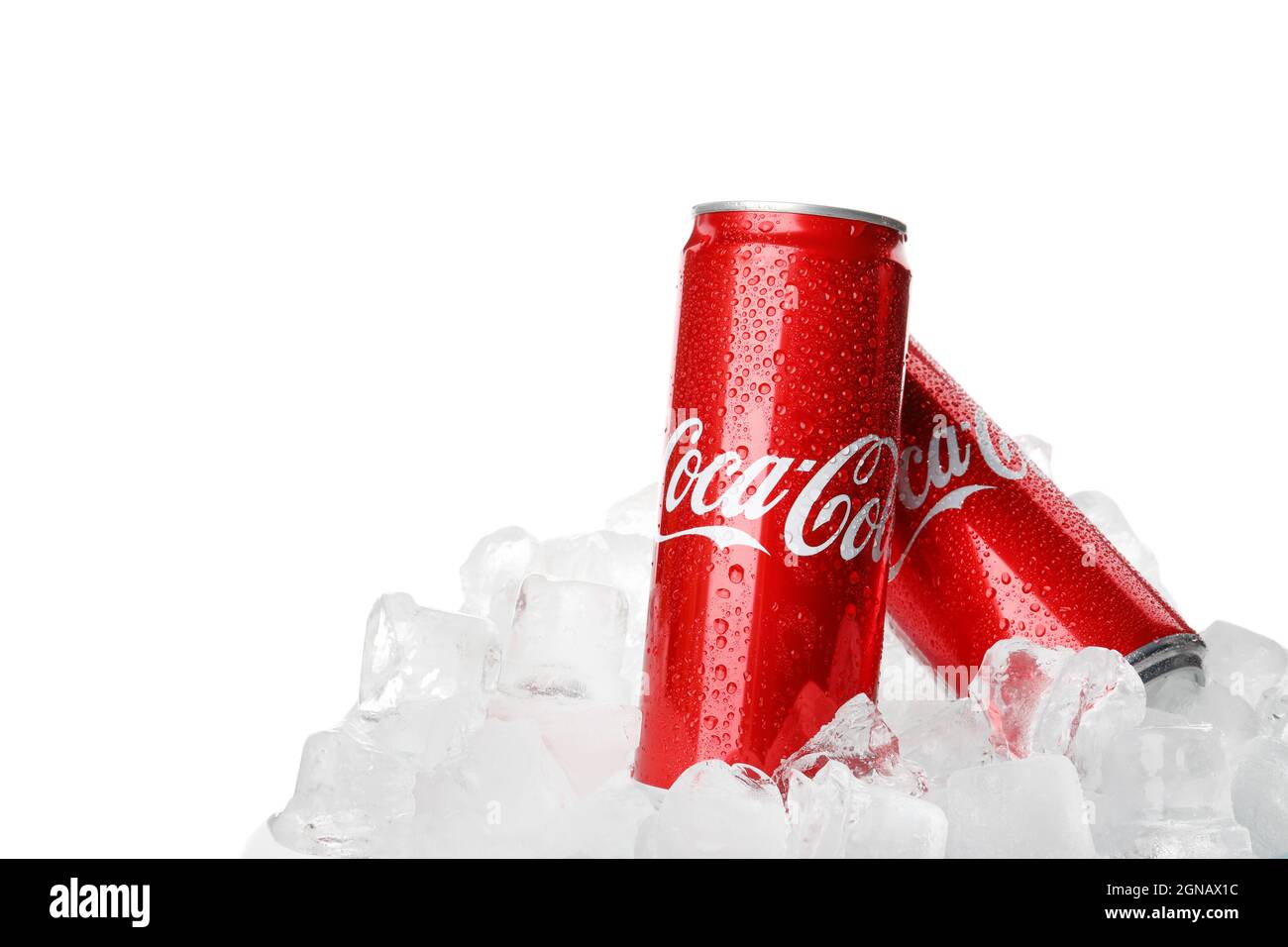 Odessa, Ukraine - September 23, 2021: Coca - cola cans in ice isolated ...