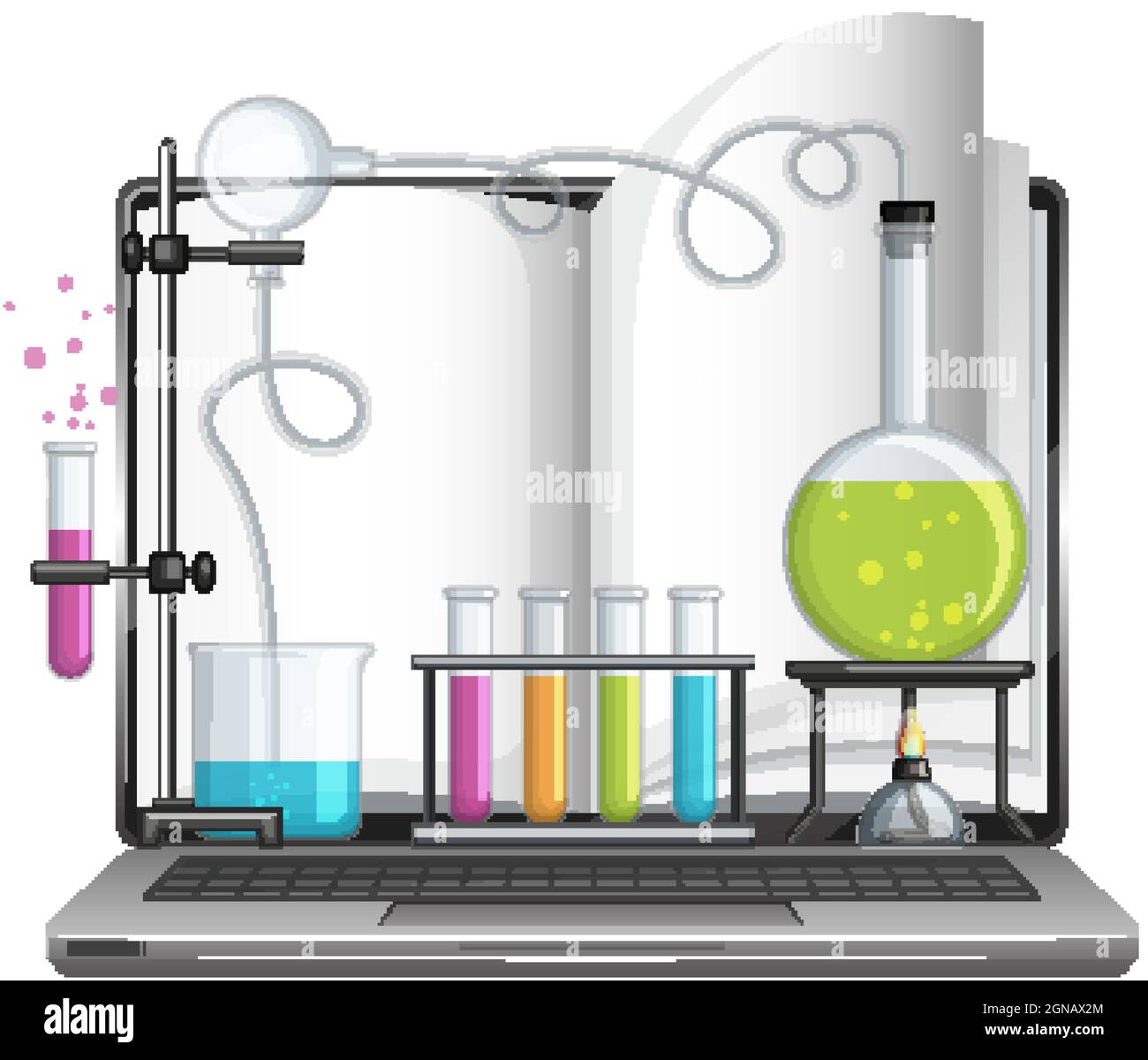 Laptop computer with science laboratory equipment illustration Stock ...