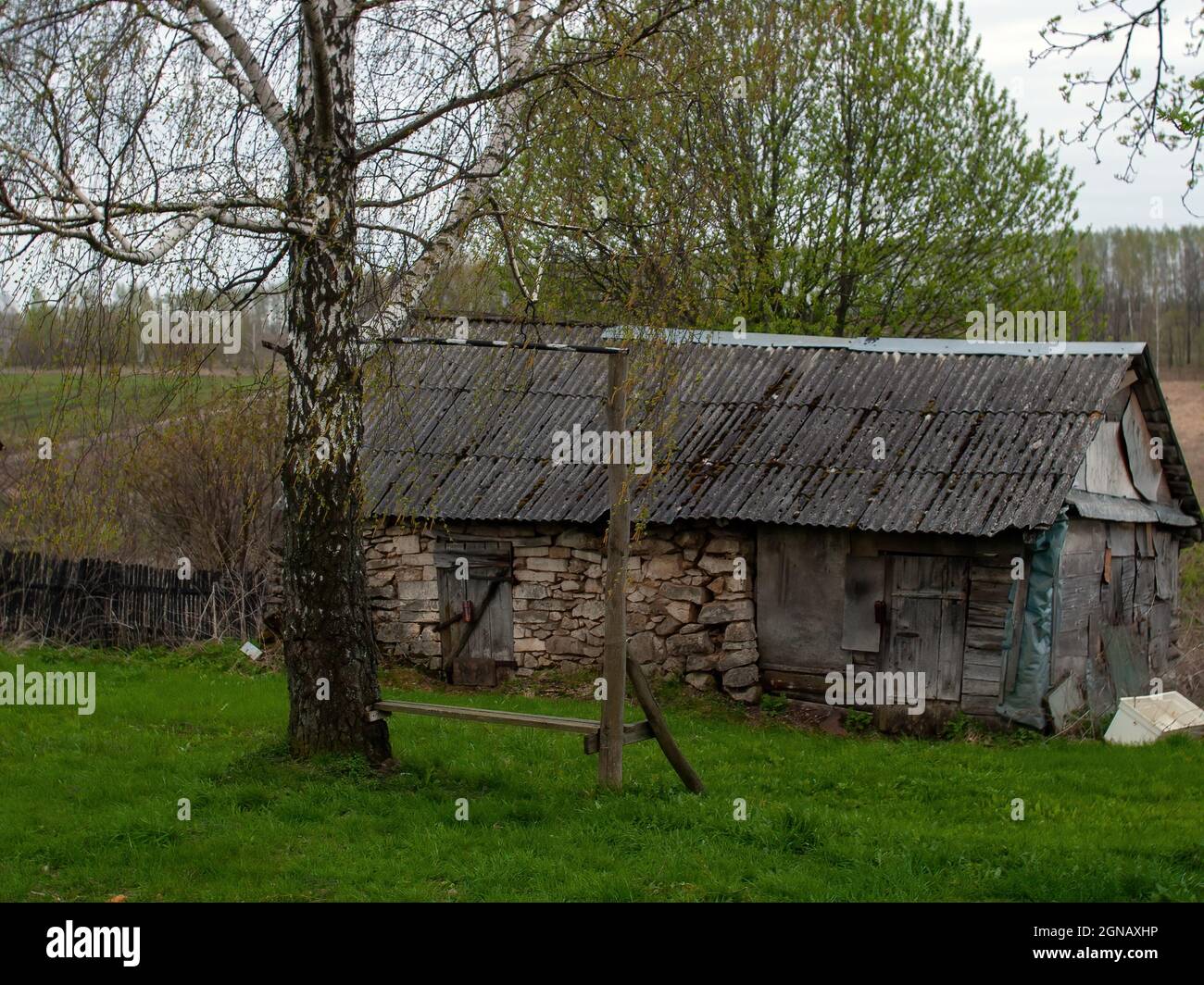 old stone barn in the village, in spring Stock Photo - Alamy