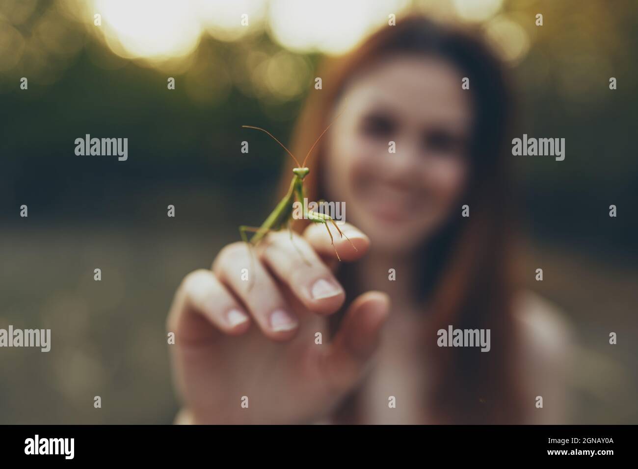 pretty woman with a praying mantis in hand nature stroll Stock Photo ...