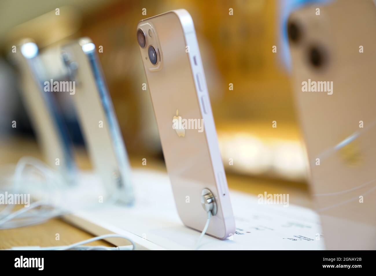 A display of the new Apple iPhone 13 inside the tech giant's flagship ...