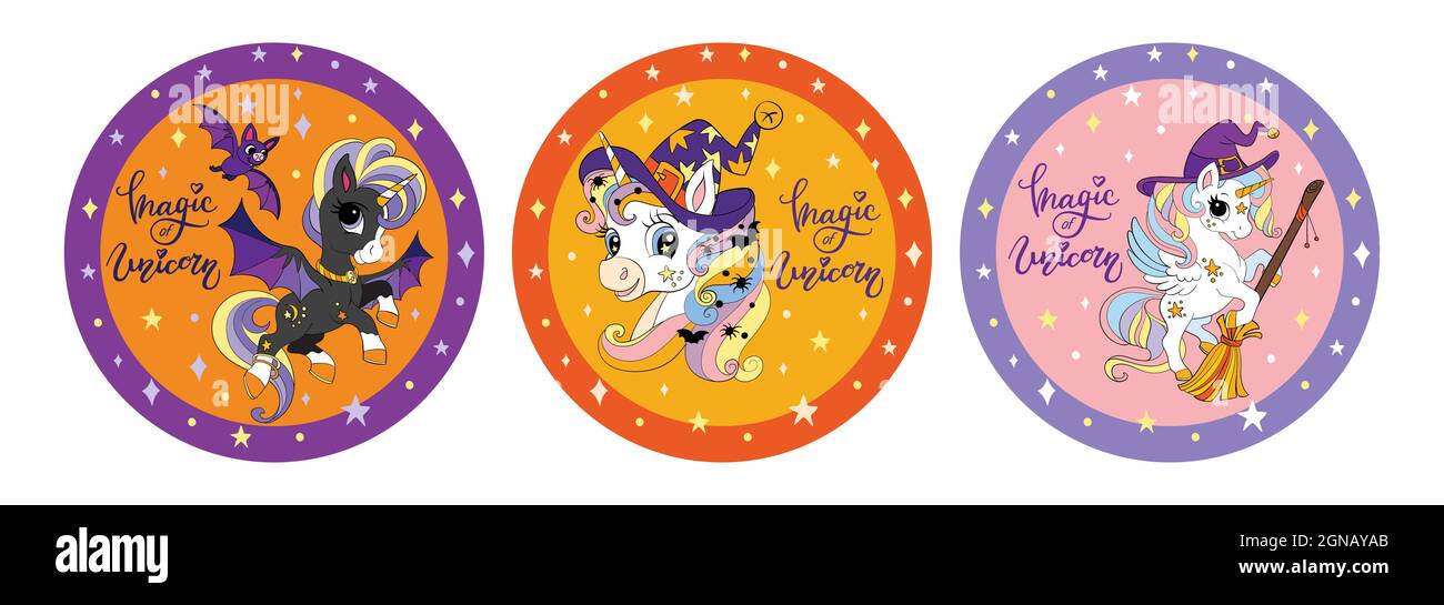 Cute cartoon Halloween witch unicorns set. Vector illustration circle ...