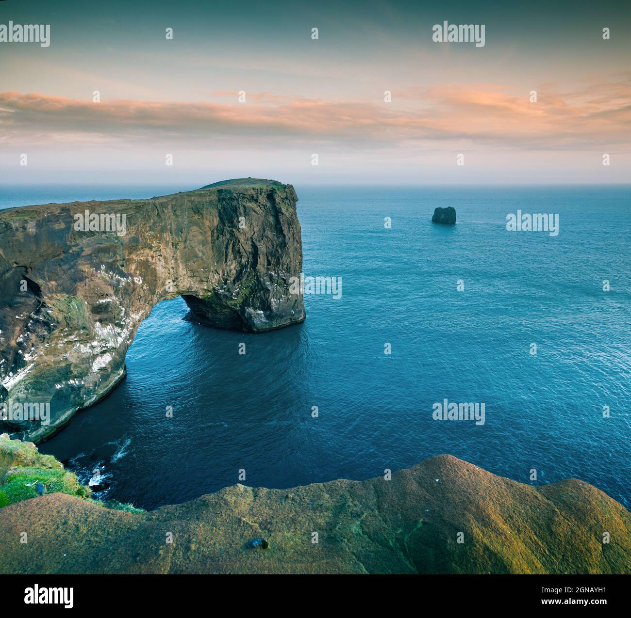 Great evening view of Dyrholaey arch. Dramatic summer sunset in ...