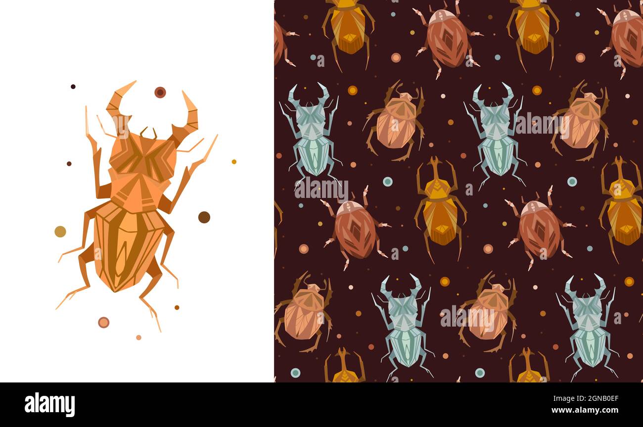 Set of card and seamless pattern with geometric insects and polka dot ...