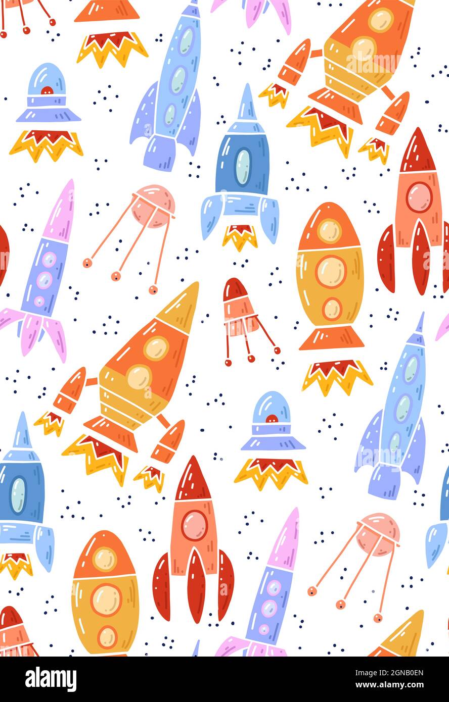 Seamless space texture with outline cartoon spaceships and dots on ...